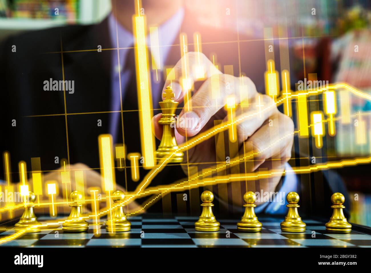 Chess game on chess board on stock market or forex trading graph chart ...