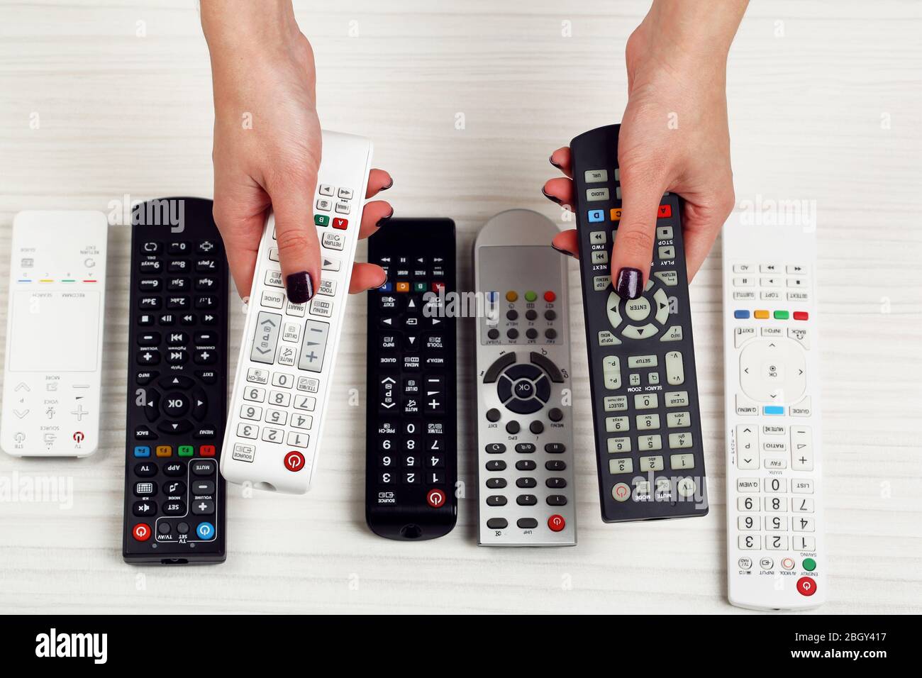 Hand holding satellite remote control hi-res stock photography and ...