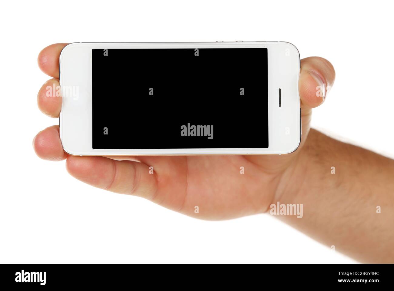 Hand holding mobile smart phone isolated on white Stock Photo - Alamy
