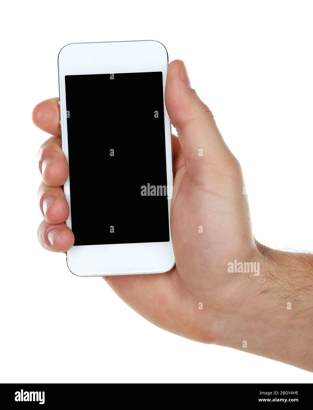Hand holding mobile smart phone isolated on white Stock Photo - Alamy