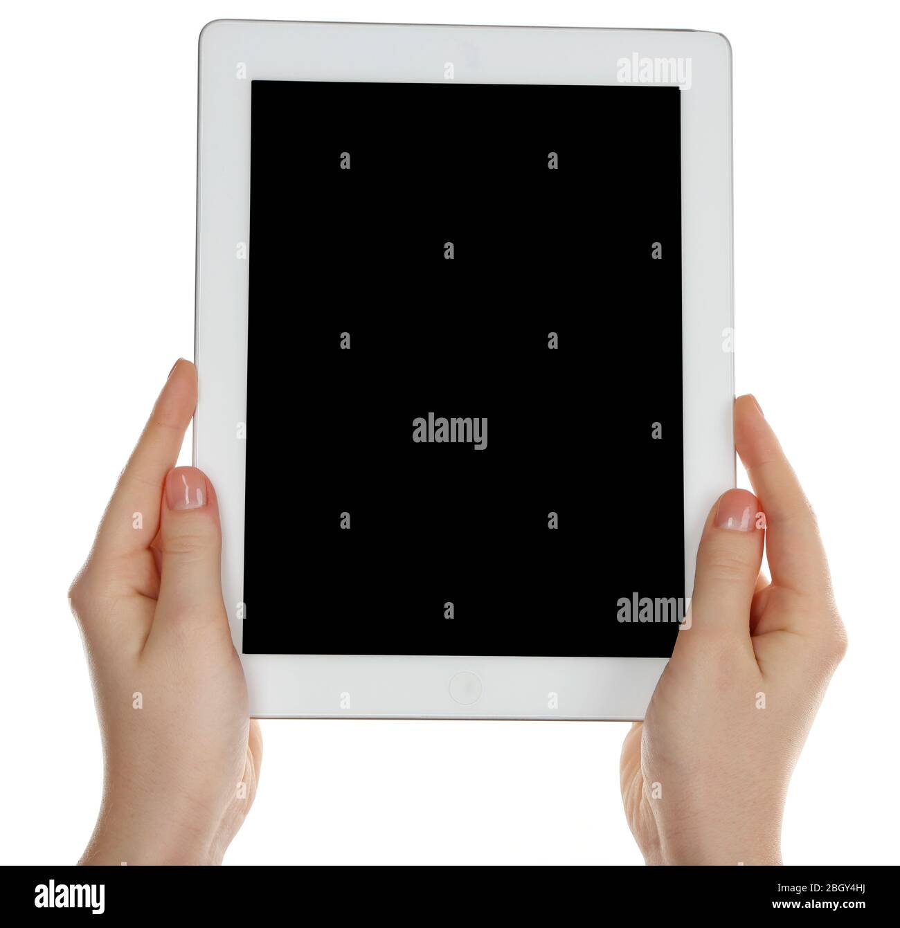 Hands holding tablet PC isolated on white Stock Photo - Alamy