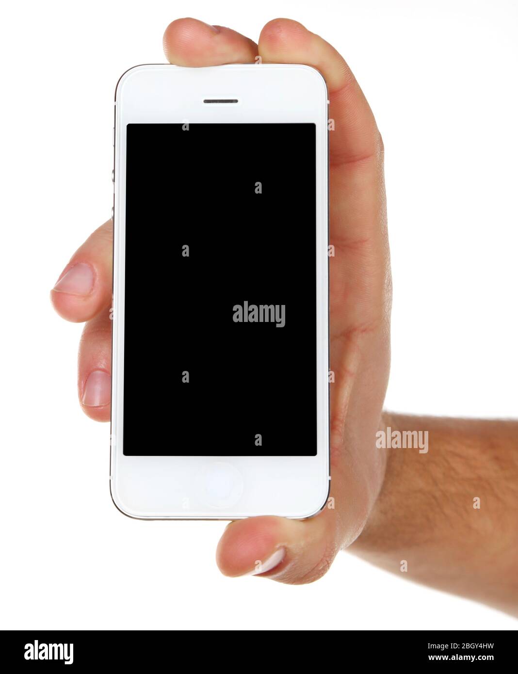 Hand holding mobile smart phone isolated on white Stock Photo - Alamy