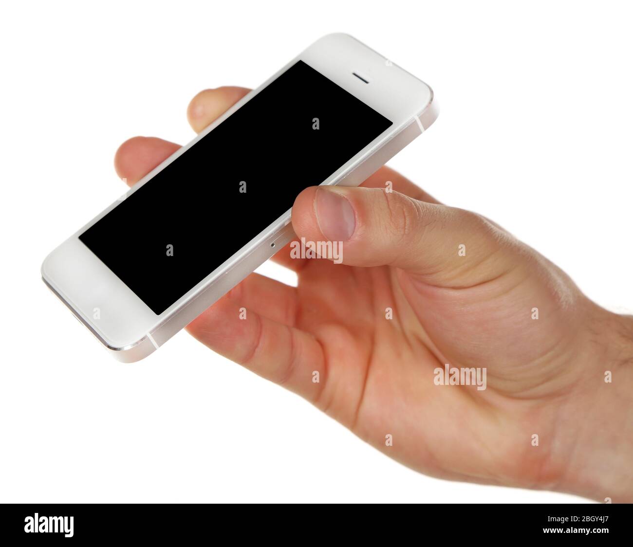 Hand holding mobile smart phone isolated on white Stock Photo - Alamy