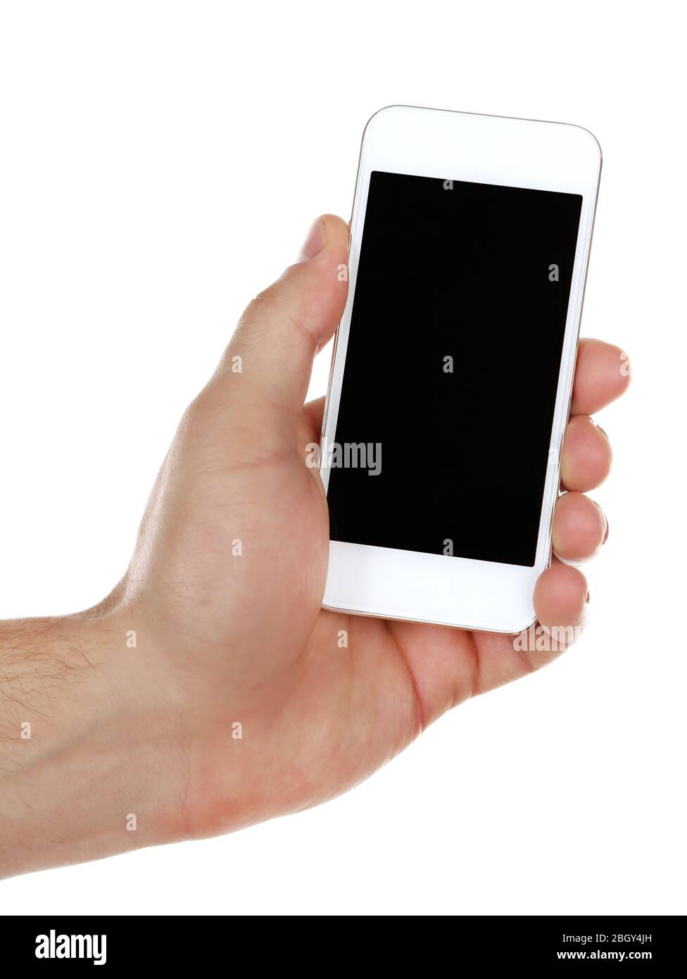 Hand holding mobile smart phone isolated on white Stock Photo - Alamy