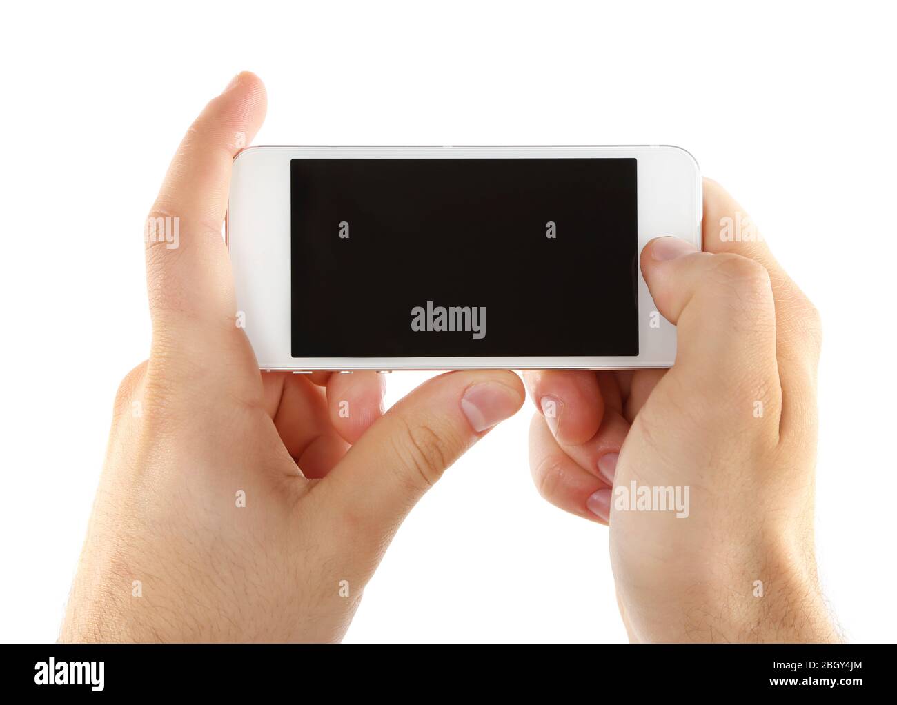 Hands holding mobile smart phone isolated on white Stock Photo - Alamy