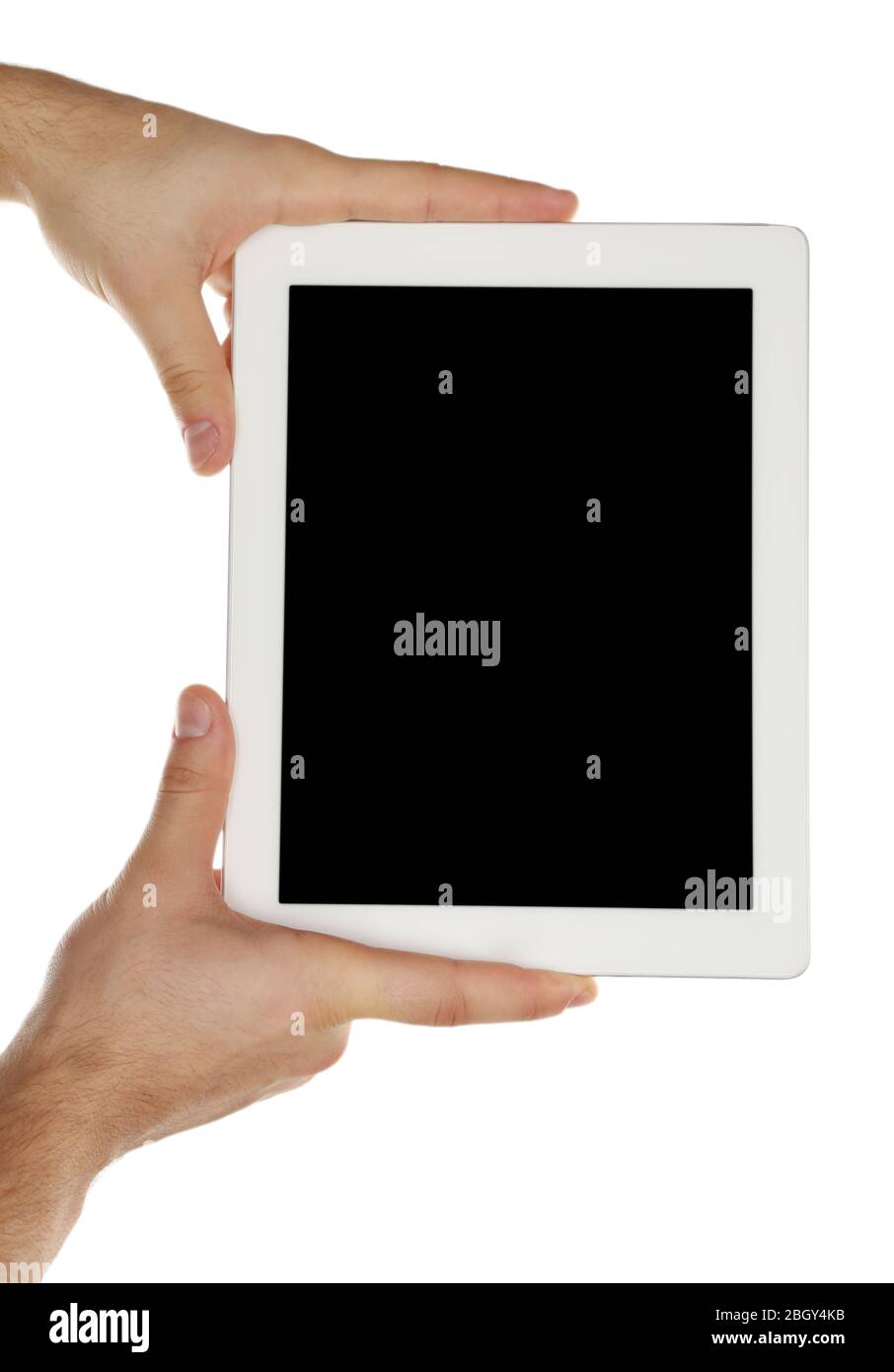 Hands holding tablet PC isolated on white Stock Photo - Alamy