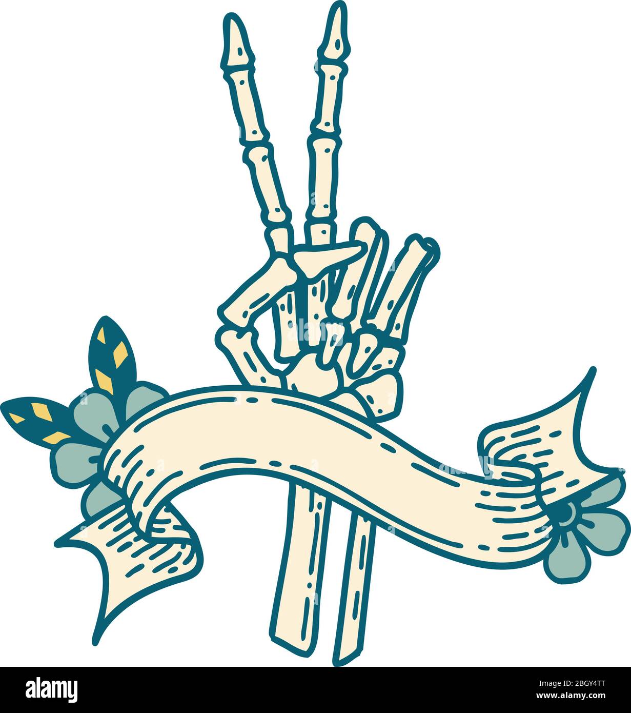 traditional tattoo with banner of a skeleton giving a peace sign Stock ...