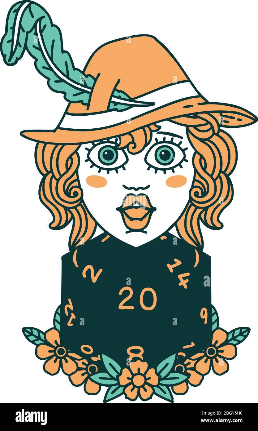 Retro Tattoo Style human bard with natural 20 dice roll Stock Vector ...