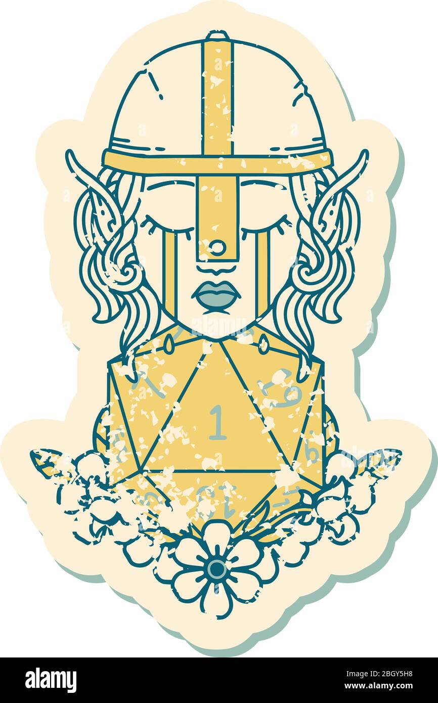 Retro Tattoo Style sad elf fighter character with natural one d20 roll ...