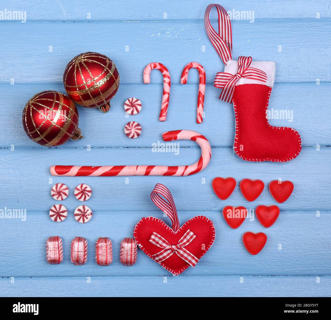 Collection of Christmas objects on color wooden background Stock Photo ...