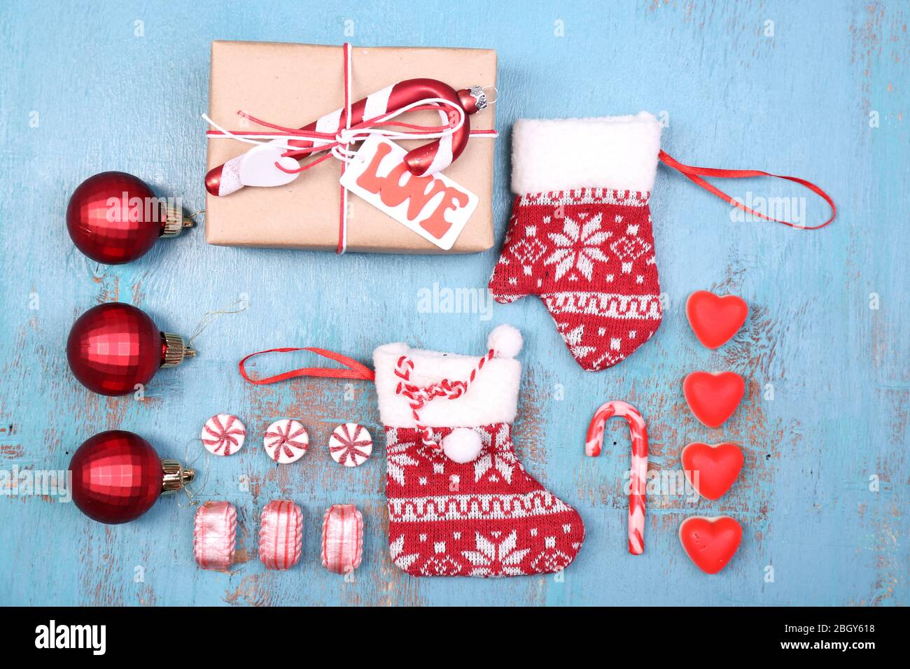 Collection of Christmas objects on color wooden background Stock Photo ...