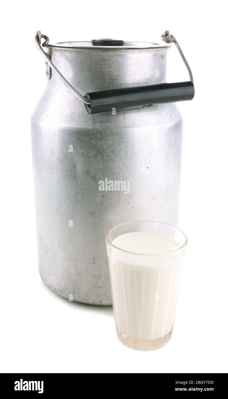 Retro can for milk and glass of milk, isolated on white Stock Photo - Alamy