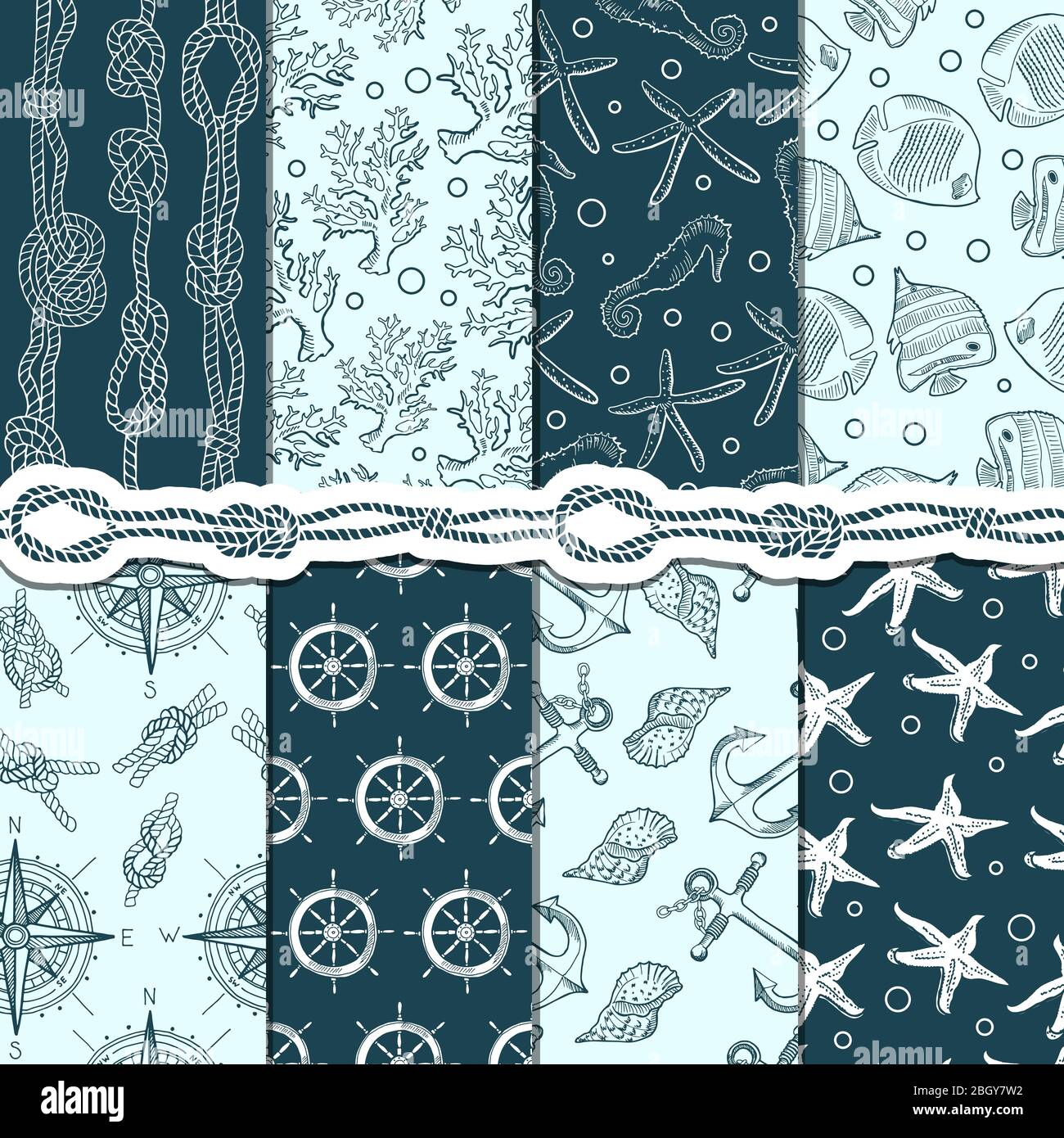 Different seamless patterns set of marine and nautical elements. Vector ...