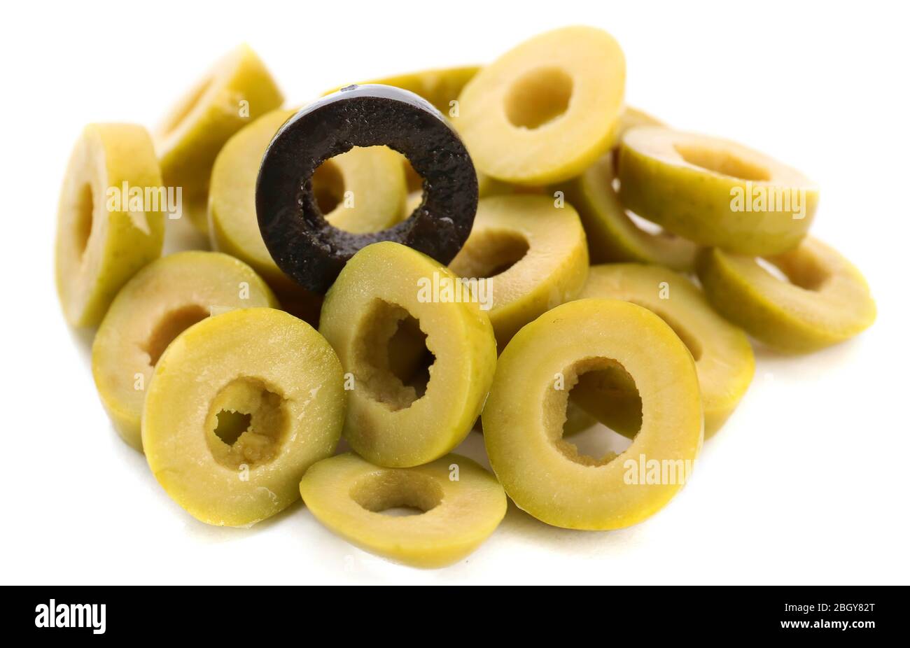 Green and black cut olive rings isolated on white Stock Photo - Alamy