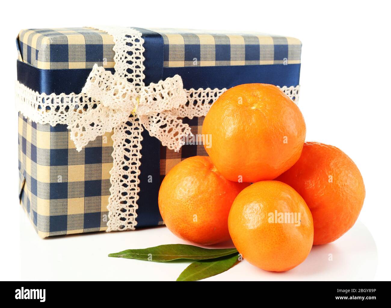 Tasty mandarins and gift box isolated on white Stock Photo - Alamy