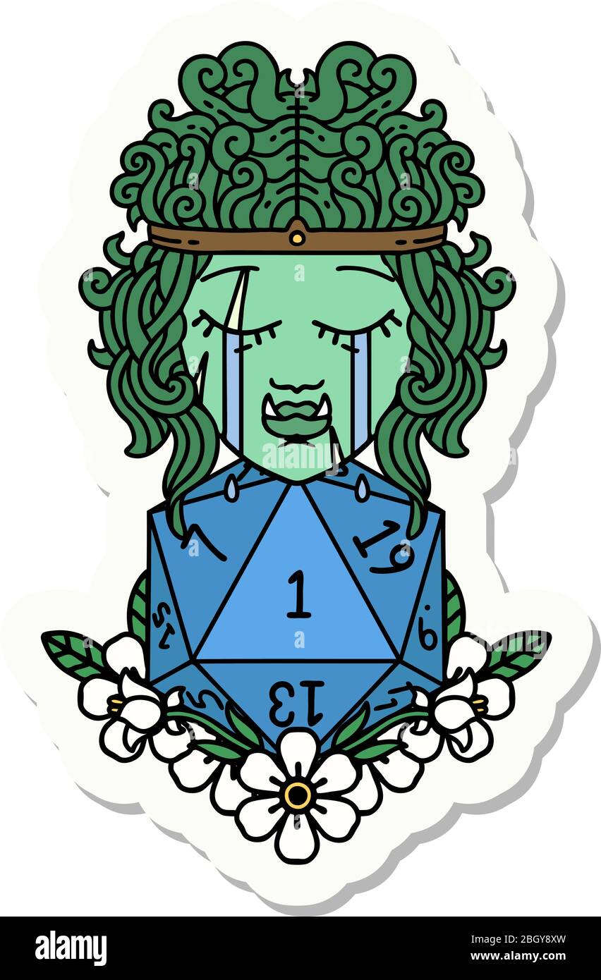 sticker of a sad orc barbarian character face with natural one d20 roll ...