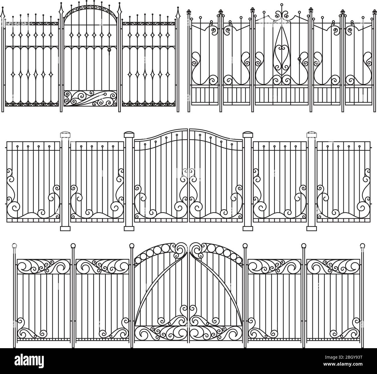 Iron gate and fence design with different decorative elements. Vector ...