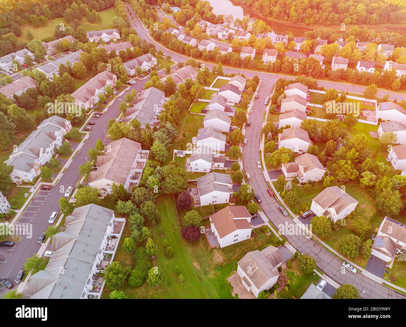 Aerial view from a drone from a height view low rise houses of the ...