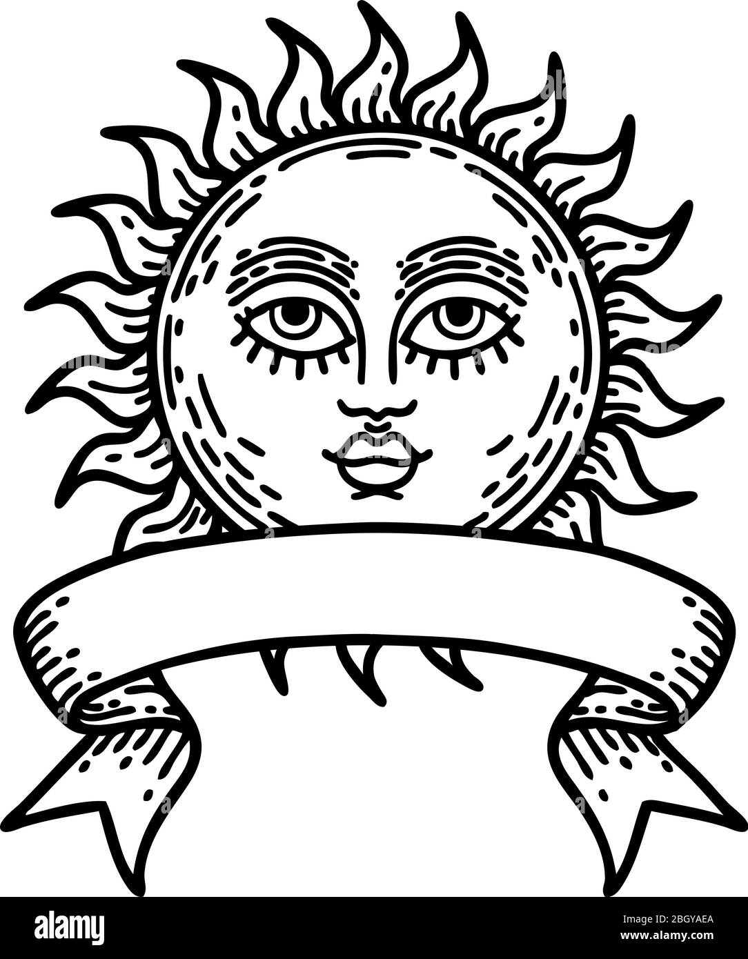 traditional black linework tattoo with banner of a sun with face Stock ...