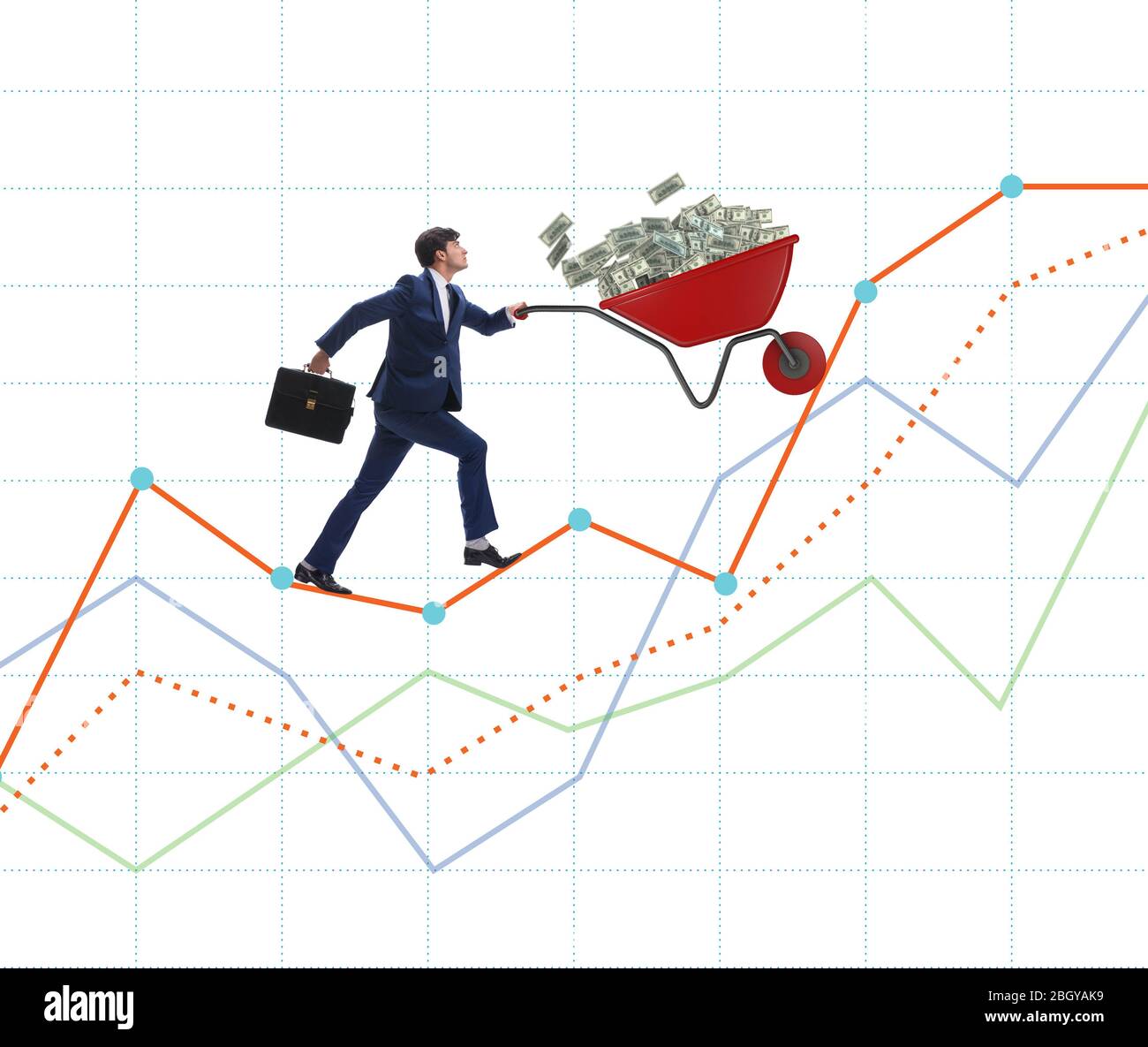 The businessman pushing wheelbarrow full of dollar money Stock Photo ...