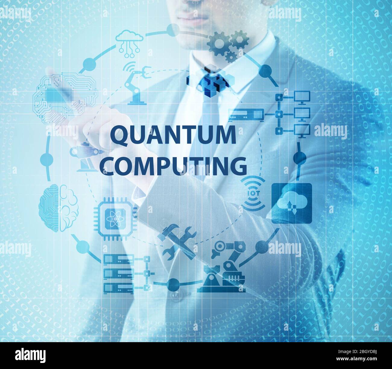 The businessman pressing virtual button in quantum computing concept Stock Photo - Alamy