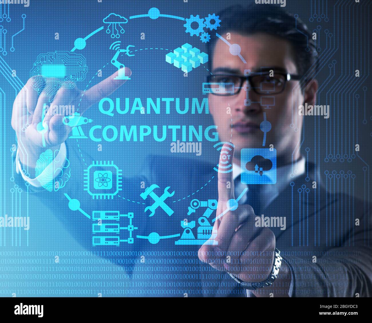 The businessman pressing virtual button in quantum computing concept ...