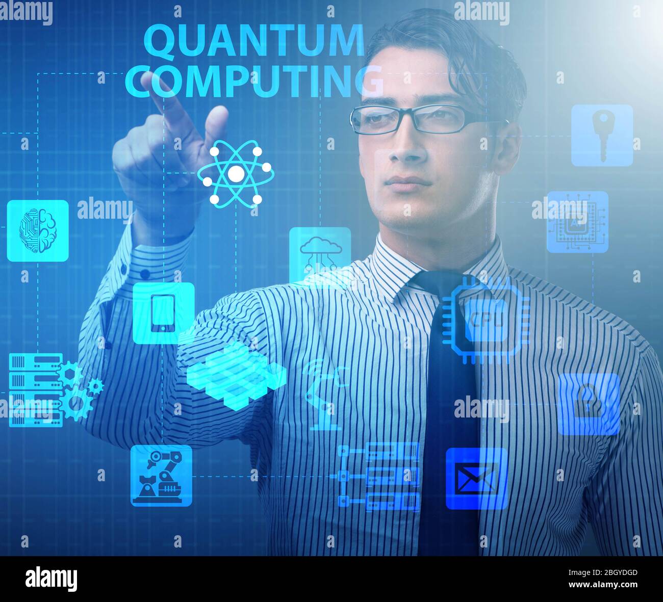 The businessman pressing virtual button in quantum computing concept ...