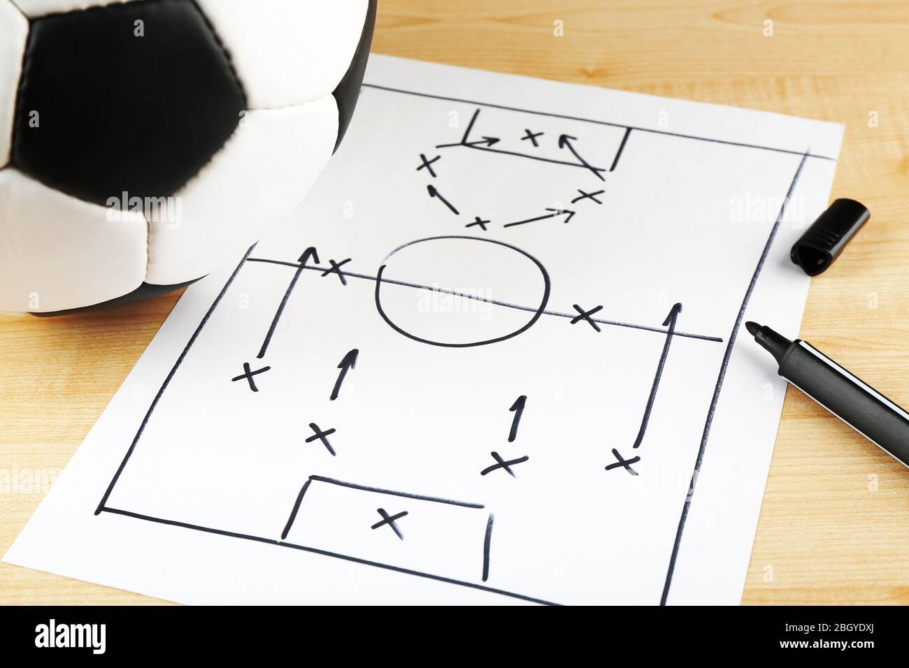 Scheme football game on sheet of paper and wooden table background ...