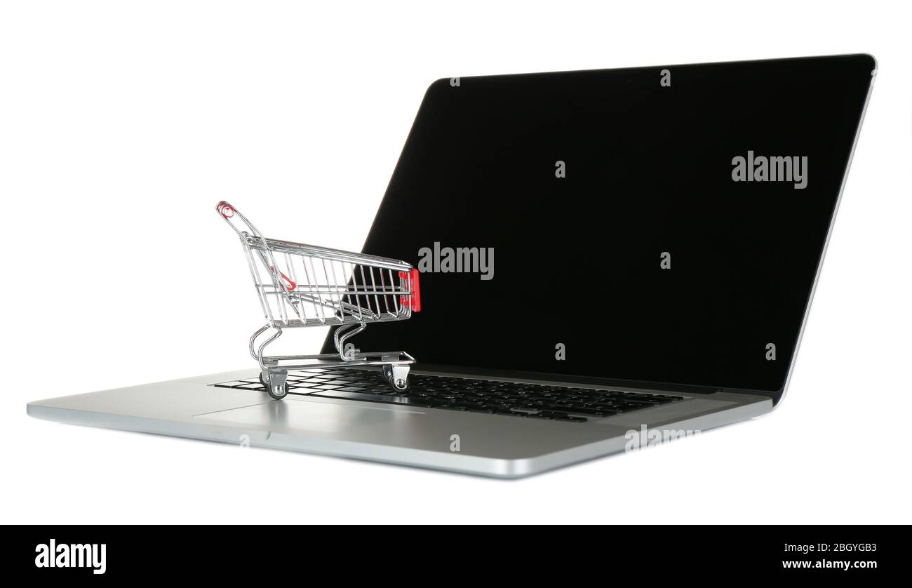Laptop with small shopping cart isolated on white background Stock ...