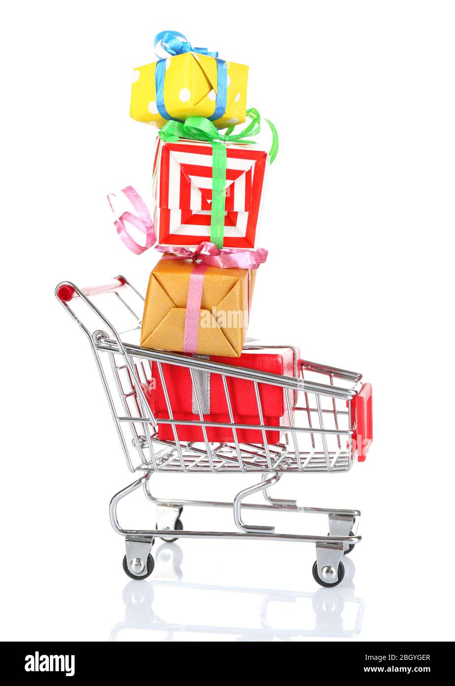 Small shopping cart with present boxes isolated on white Stock Photo ...