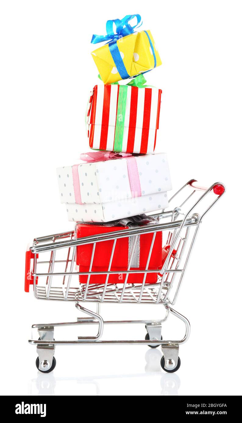 Small shopping cart with present boxes isolated on white Stock Photo ...