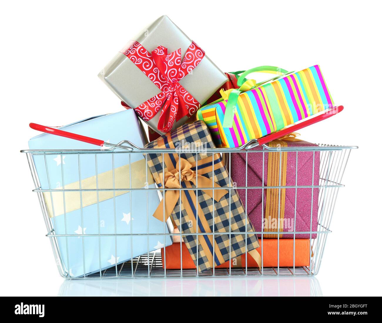 Metal basket full of present boxes isolated on white Stock Photo - Alamy
