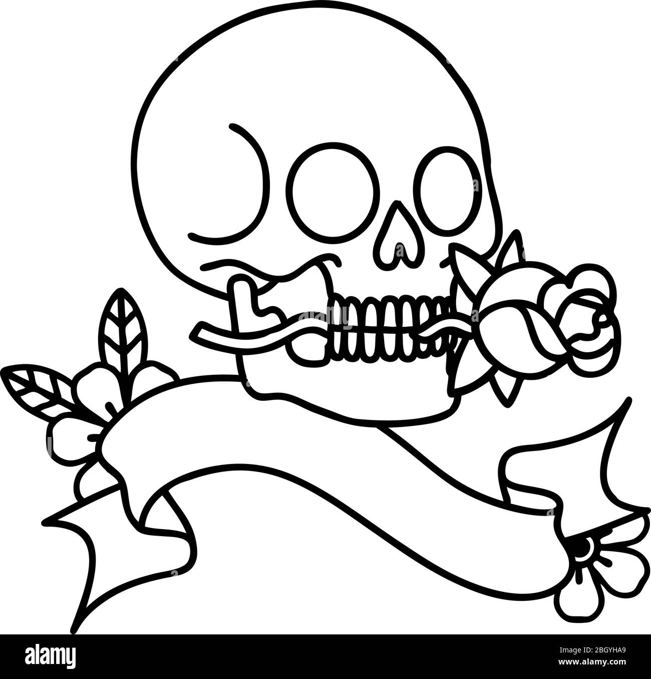 traditional black linework tattoo with banner of a skull Stock Vector ...