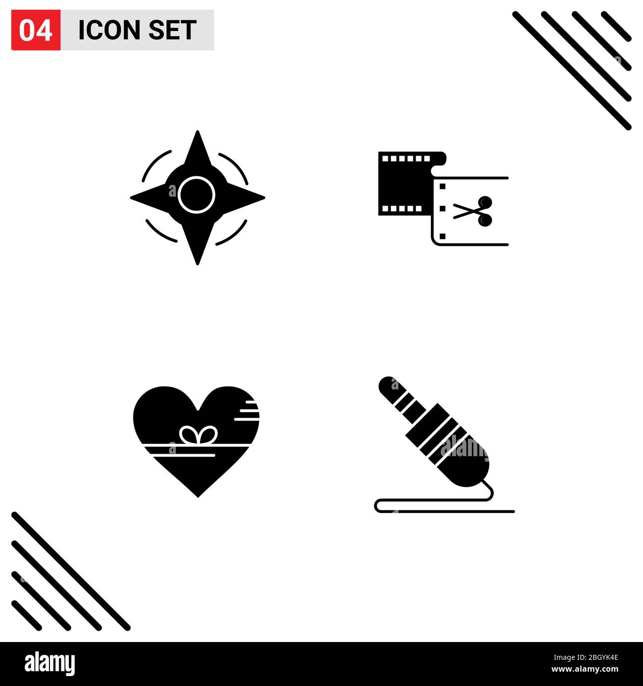 4 Thematic Vector Solid Glyphs and Editable Symbols of compass, love ...