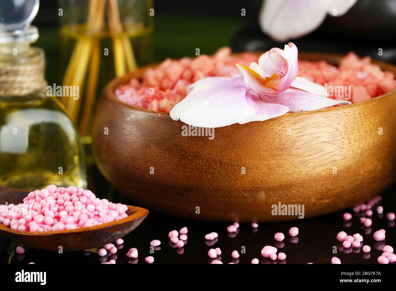 Beautiful spa composition with flowers on dark background Stock Photo ...