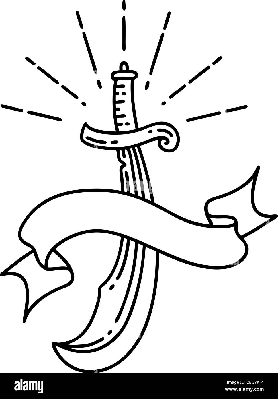 scroll banner with black line work tattoo style scimitar sword Stock ...