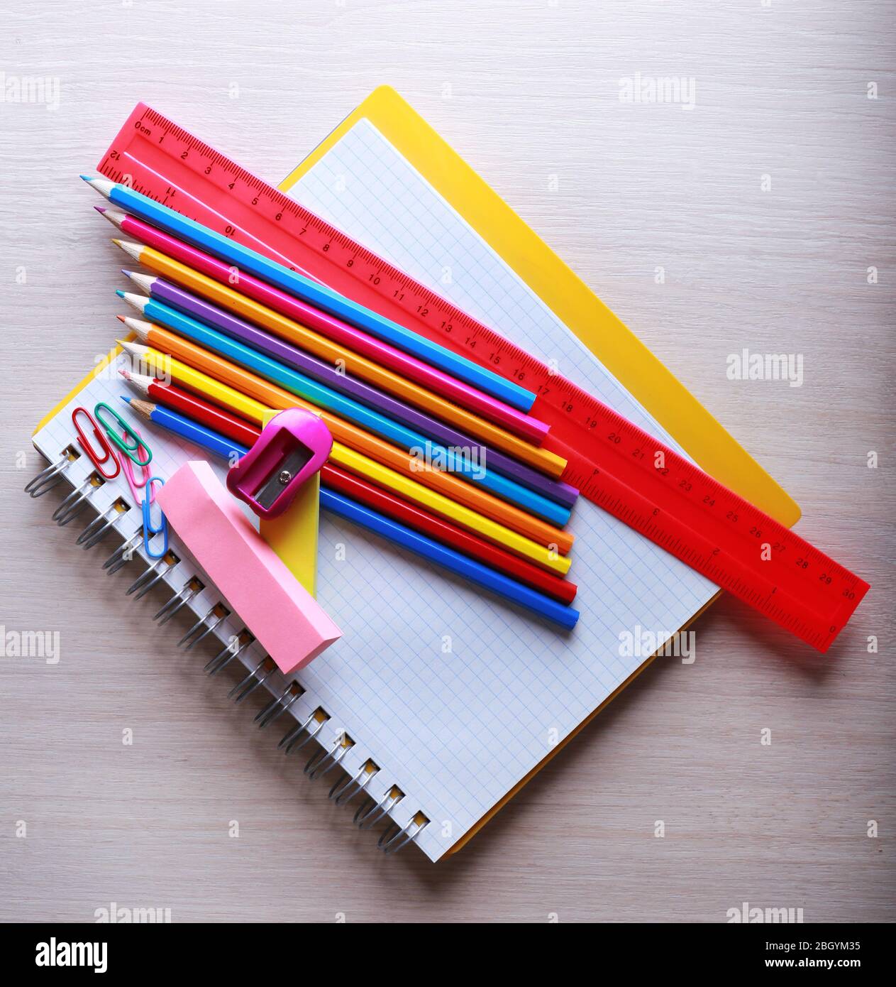 School supplies on desk, close-up Stock Photo - Alamy