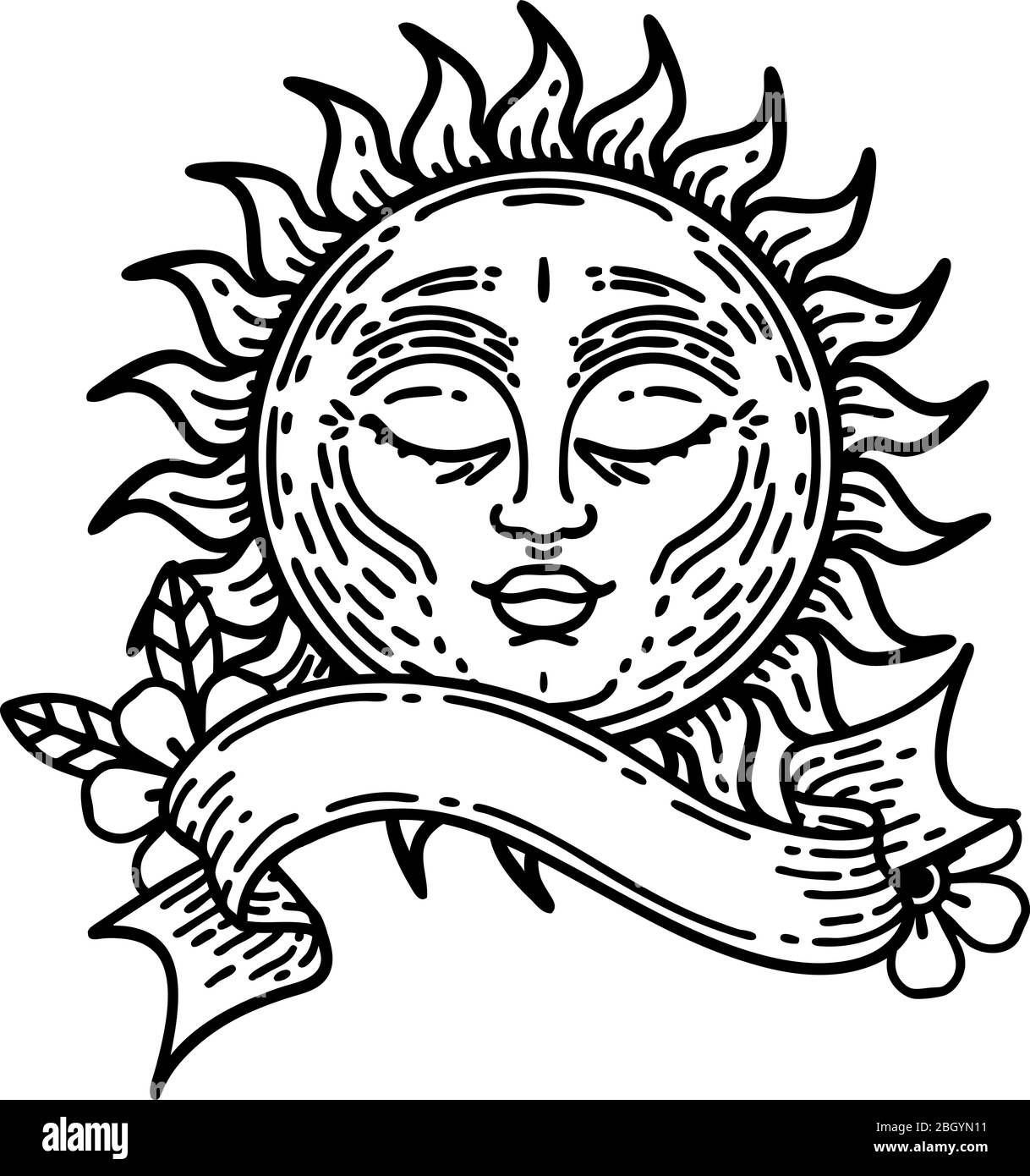 traditional black linework tattoo with banner of a sun Stock Vector ...