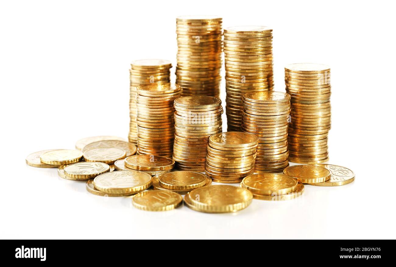 Pile of coins isolated on white Stock Photo - Alamy