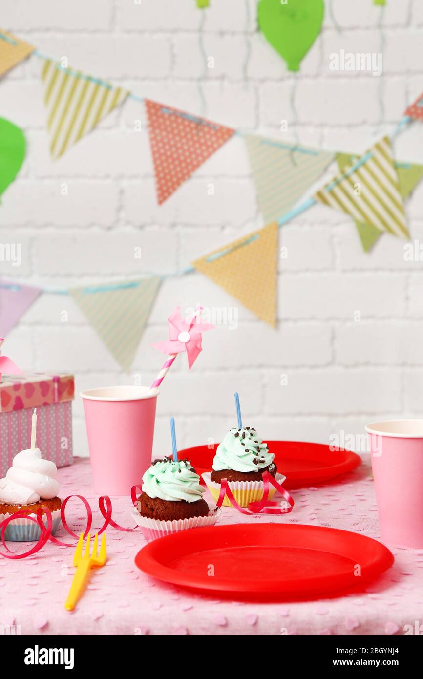 Prepared birthday table for children party Stock Photo - Alamy