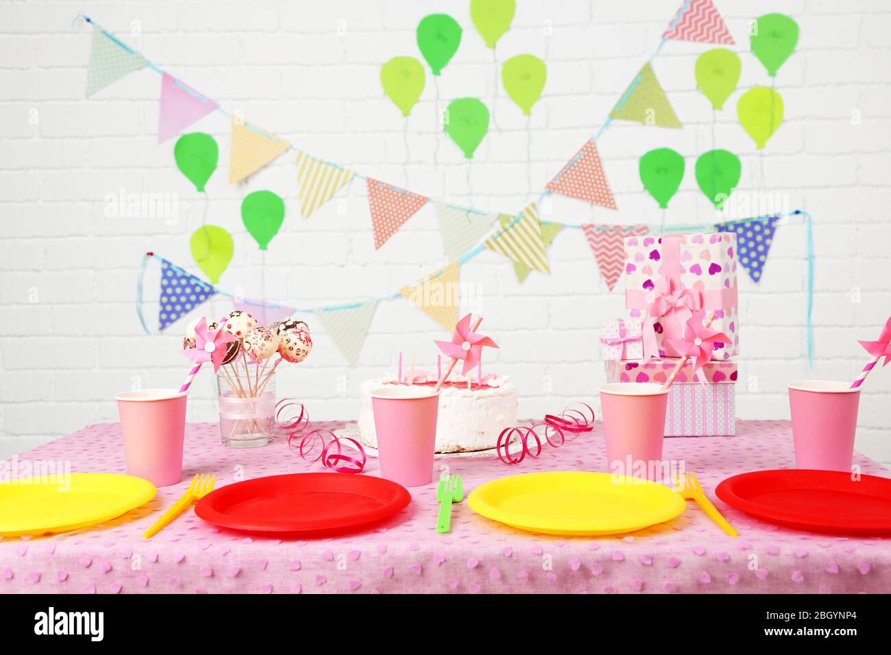 Prepared birthday table for children party Stock Photo - Alamy