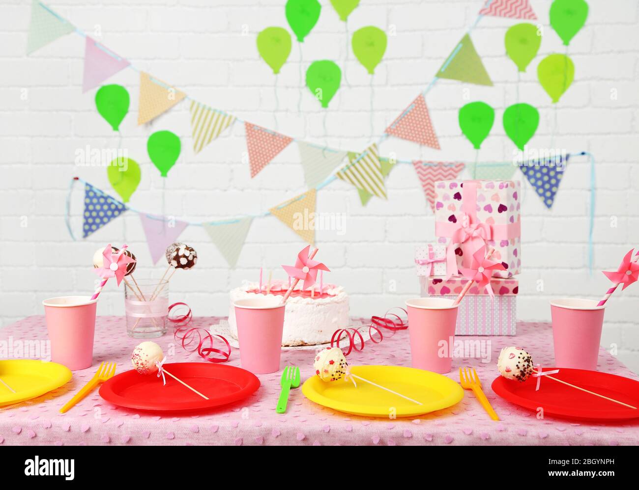 Prepared birthday table for children party Stock Photo - Alamy