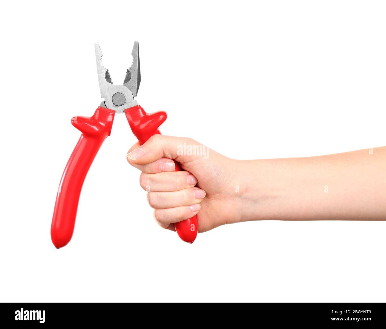 Hand holding pliers isolated on white Stock Photo - Alamy