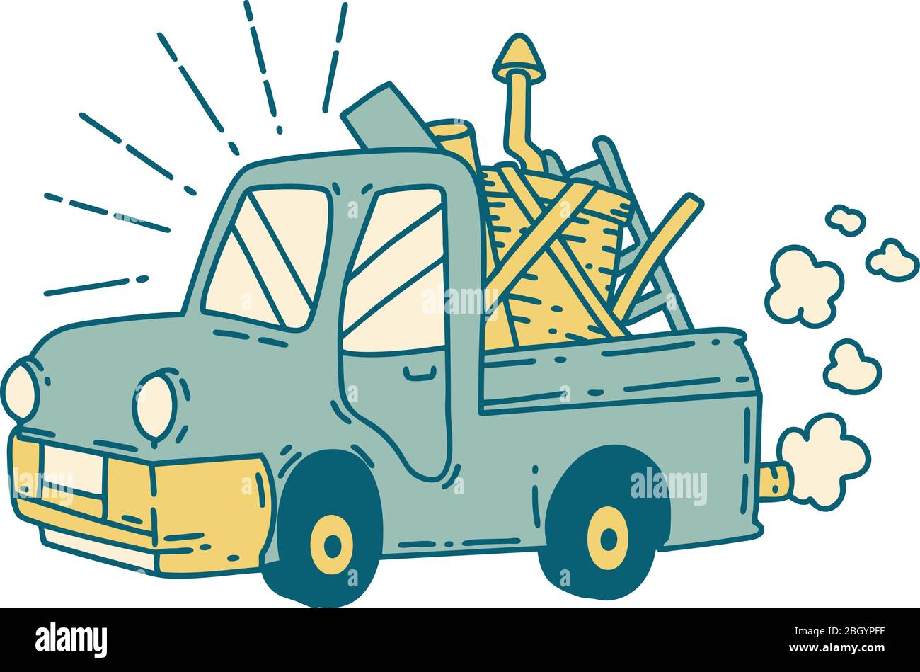 illustration of a traditional tattoo style truck carrying junk Stock ...