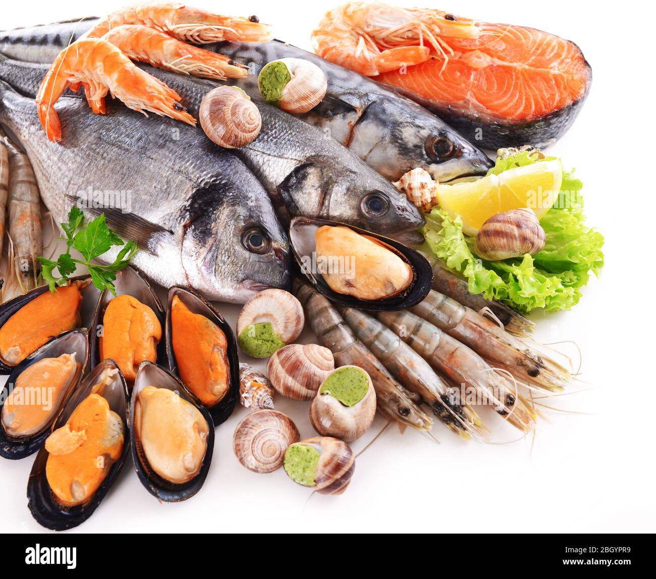 Fresh fish and other seafood isolated on white Stock Photo - Alamy