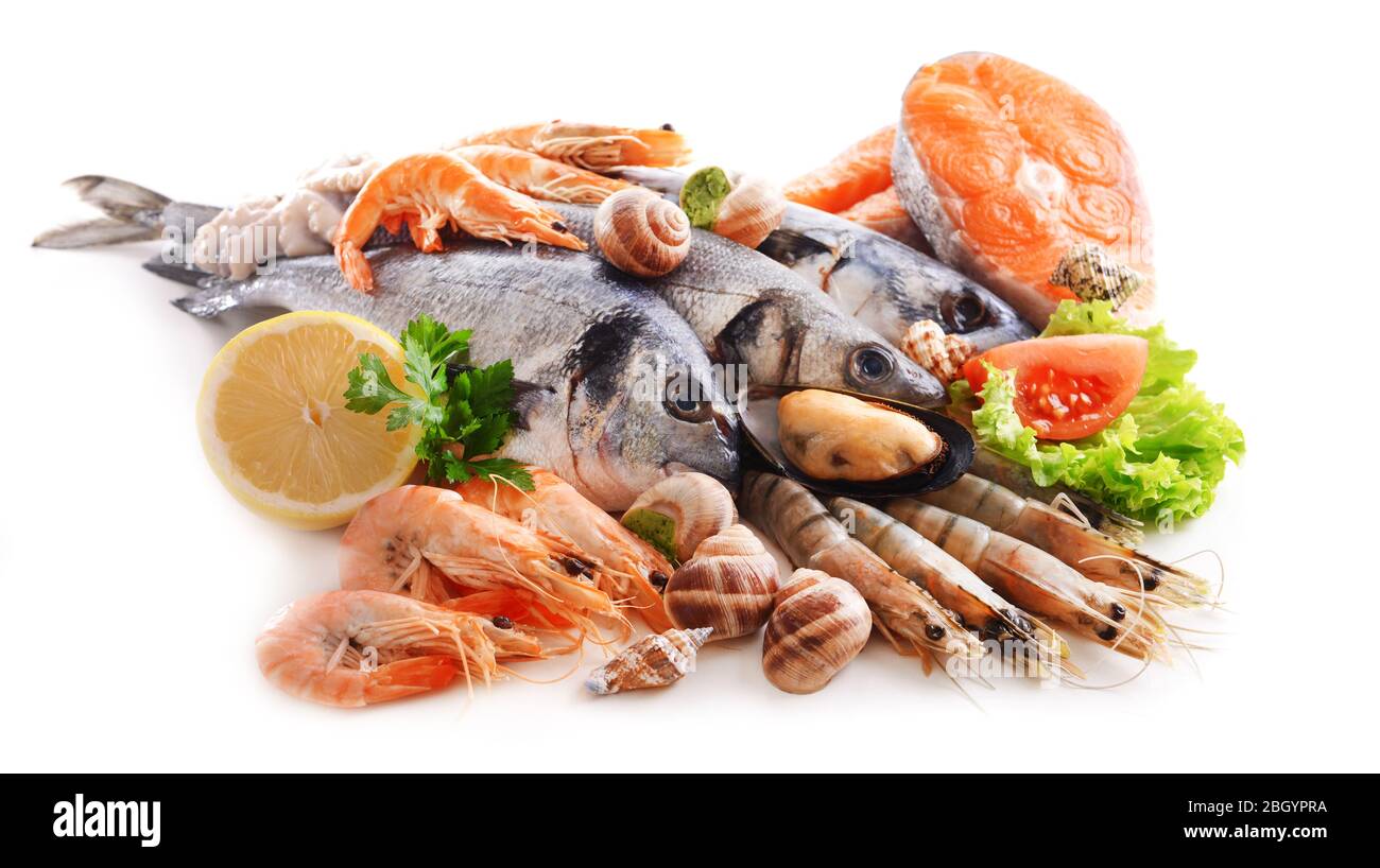 Fresh fish and other seafood isolated on white Stock Photo - Alamy