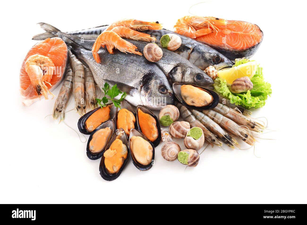 Fresh fish and other seafood isolated on white Stock Photo - Alamy