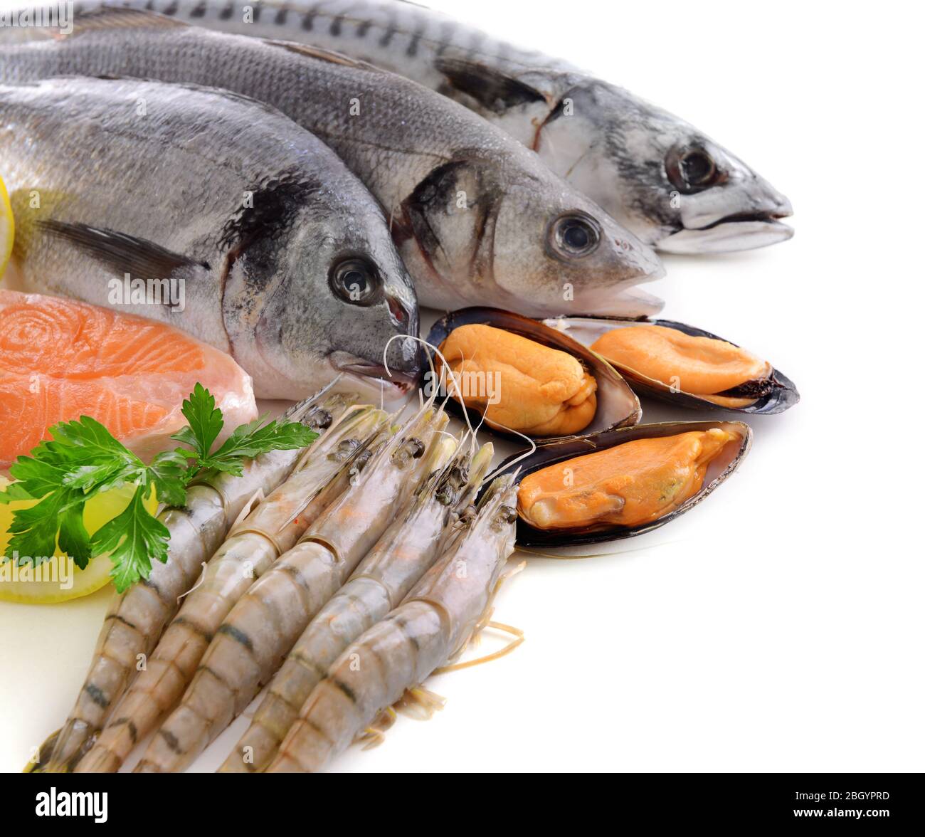 Fresh fish and other seafood isolated on white Stock Photo - Alamy