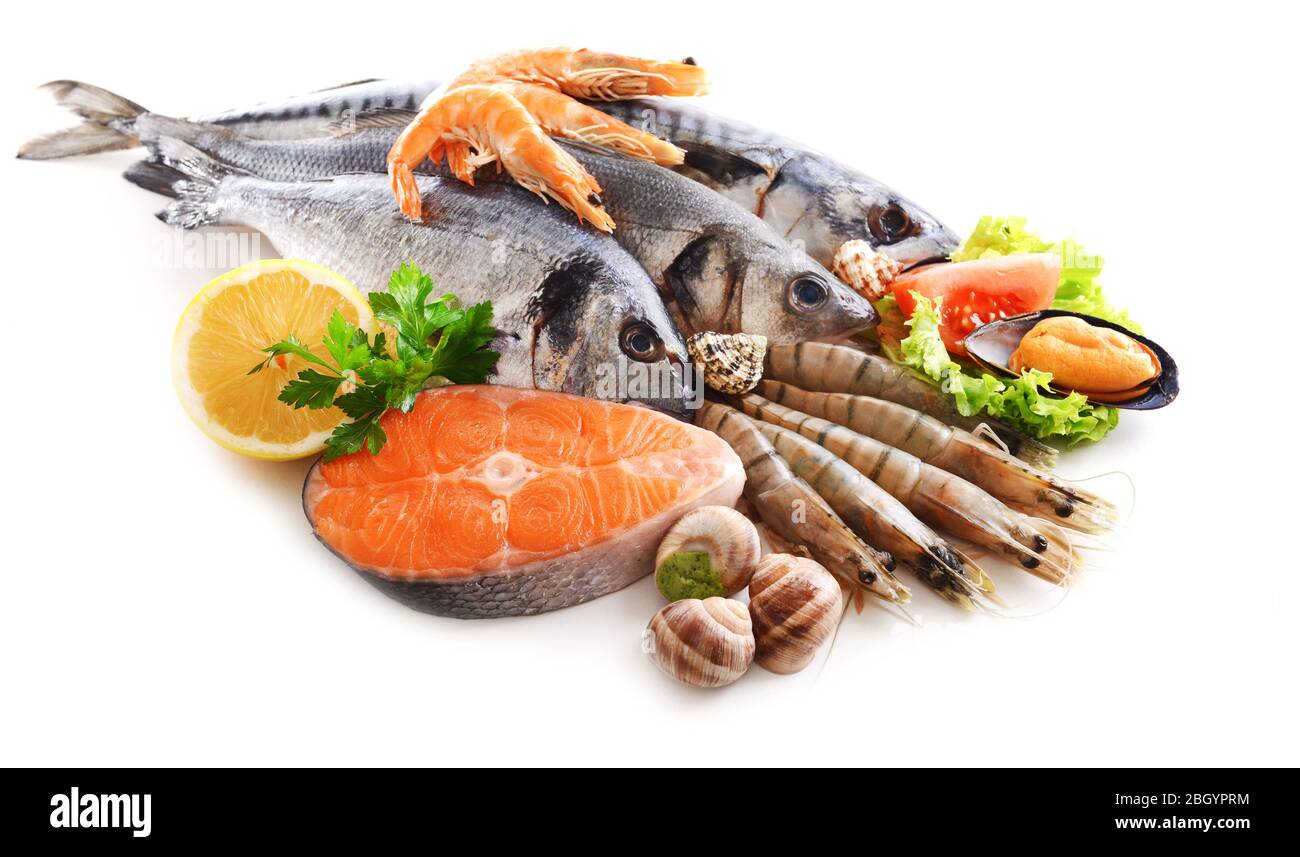 Fresh fish and other seafood isolated on white Stock Photo - Alamy