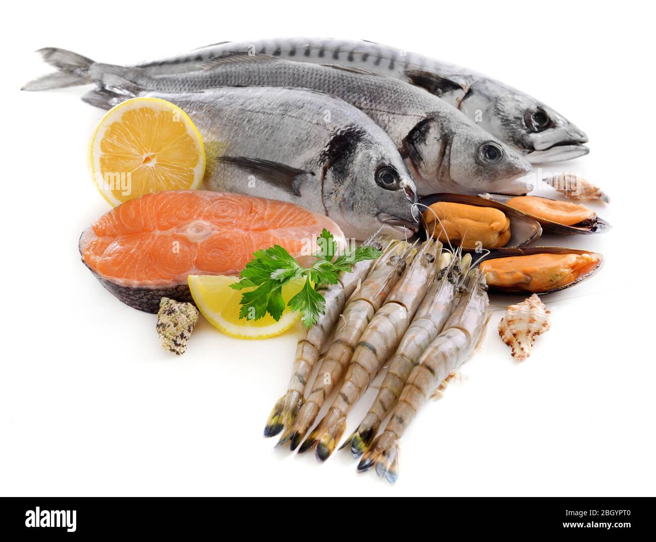 Fresh fish and other seafood isolated on white Stock Photo - Alamy